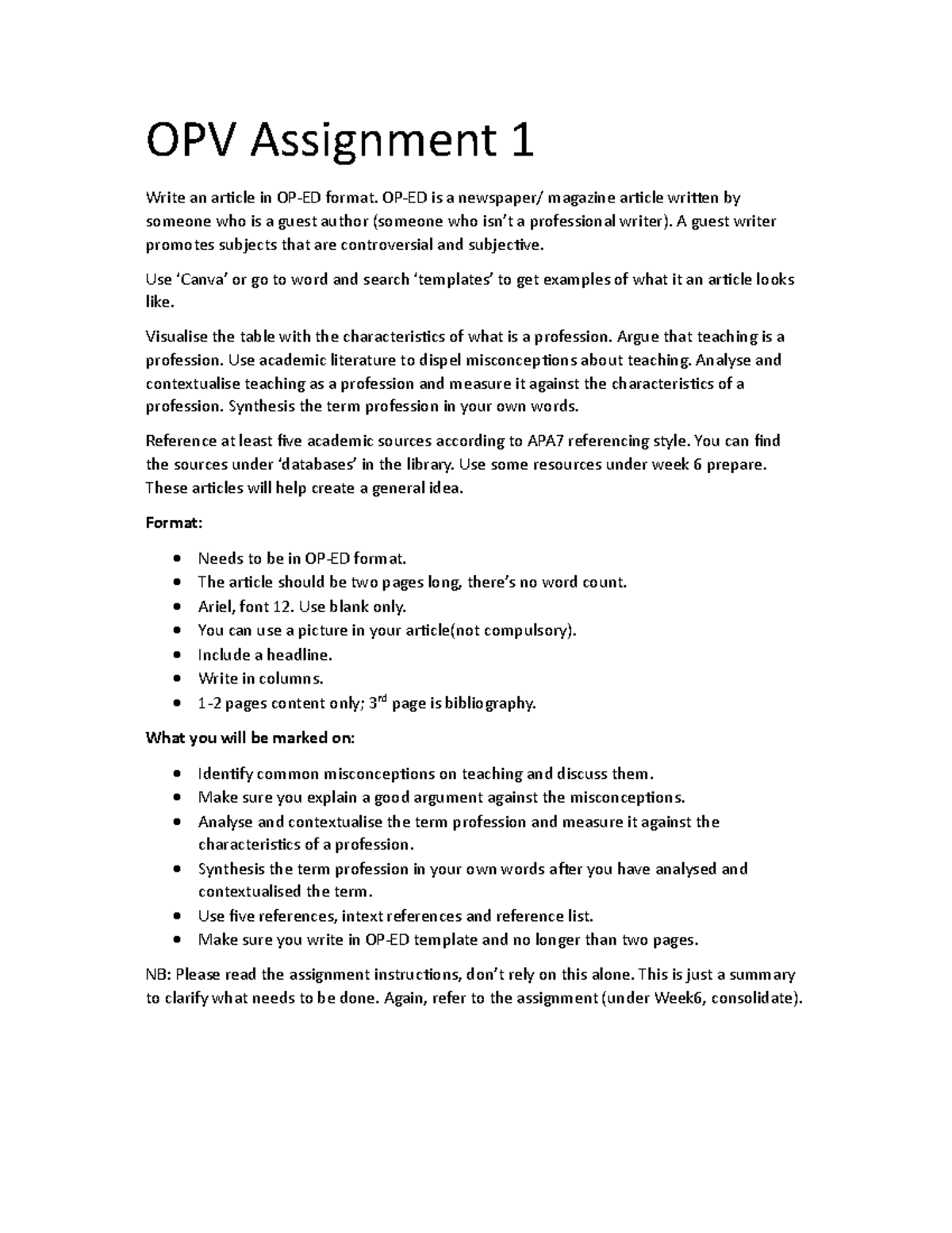 OPV Theme 2 Assignment - OPV Assignment 1 Write an arƟcle in OP-ED ...