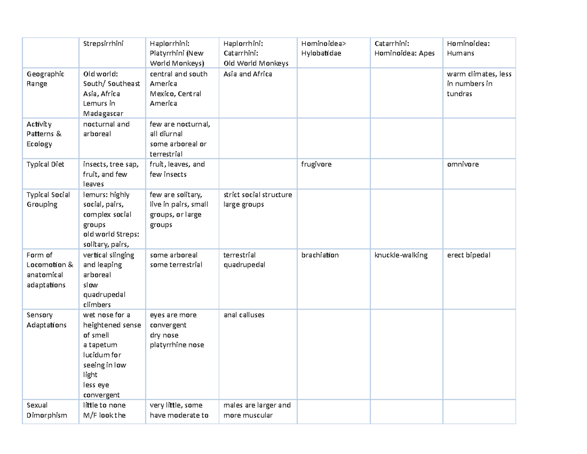 Primate Traits Comparison Table worksheet 2020 - Strepsirrhini ...