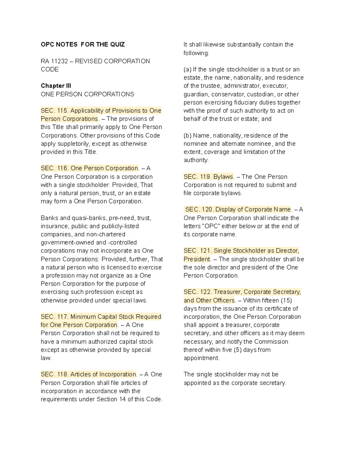 Law opc - reviewer - OPC NOTES FOR THE QUIZ RA 11232 – REVISED ...