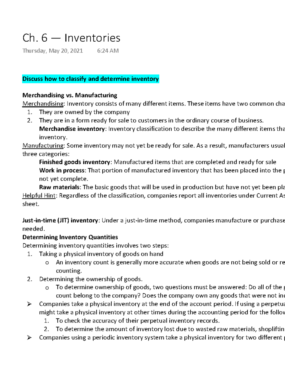 Ch. 6 — Inventories - Discuss how to classify and determine inventory ...