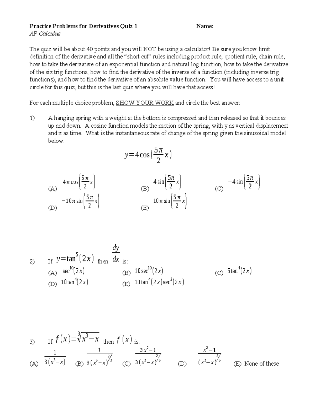 Practice For Derivatives Quiz 1 9 Practice Problems For Derivatives