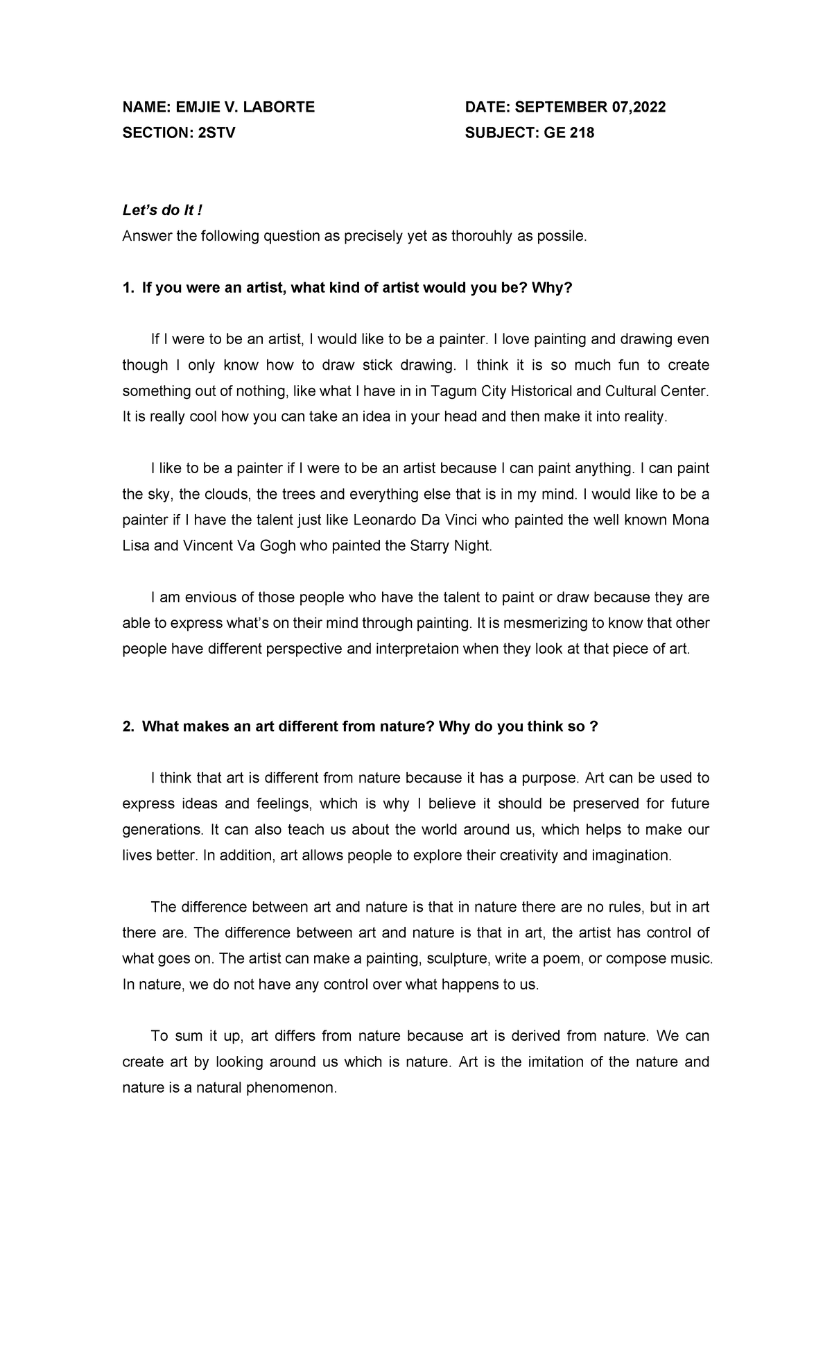 Laborte M1L1 AA1 GE218 - MODULE 1 - ASSUMPTIONS OF ART - NAME: EMJIE V ...