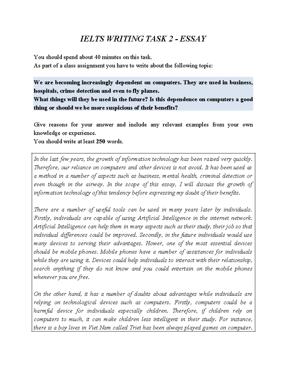 Ielts Writing TASK 2- Computers - IELTS WRITING TASK 2 - ESSAY You ...
