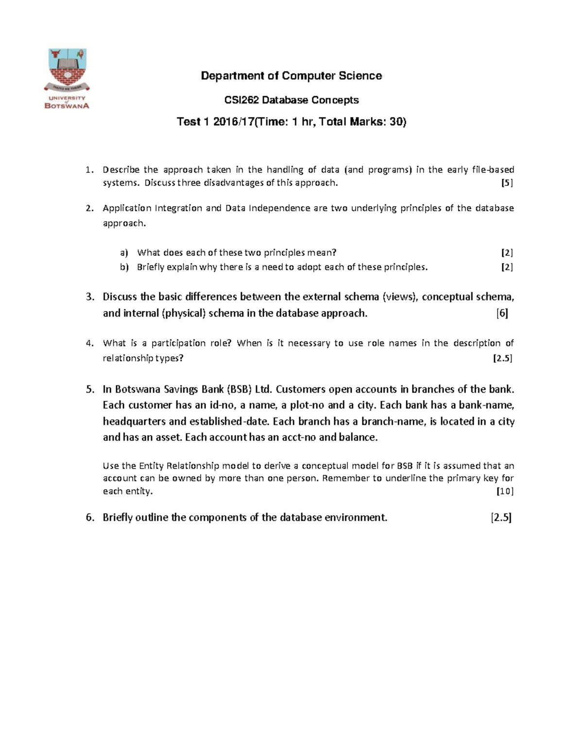 Test 1 2016-17 - Test - Department of Computer Science CSI262 Database ...