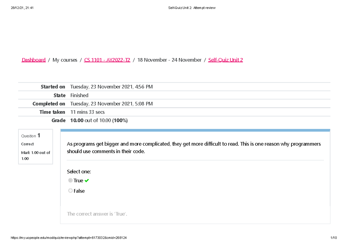 Self Quiz Unit 2 Attempt Review Question 1 Correct Mark 1 Out Of 1 Started On Tuesday 23