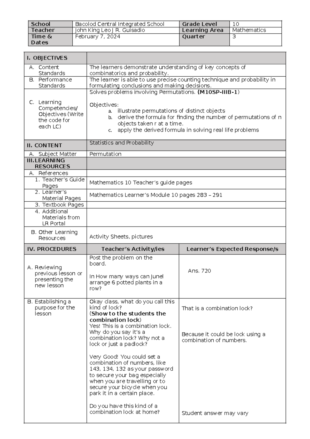 Math 10 3RD QUARTER - School Bacolod Central Integrated School Grade ...
