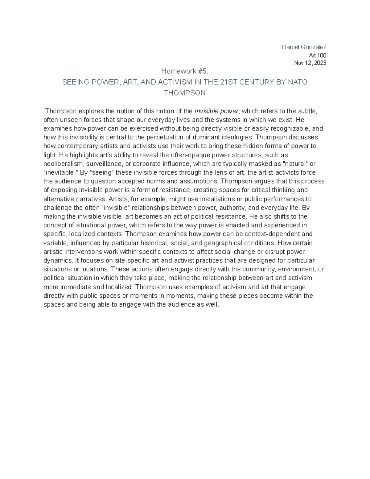 Homework #5 - READING - SEEING POWER, ART AND ACTIVISM IN THE 21ST ...