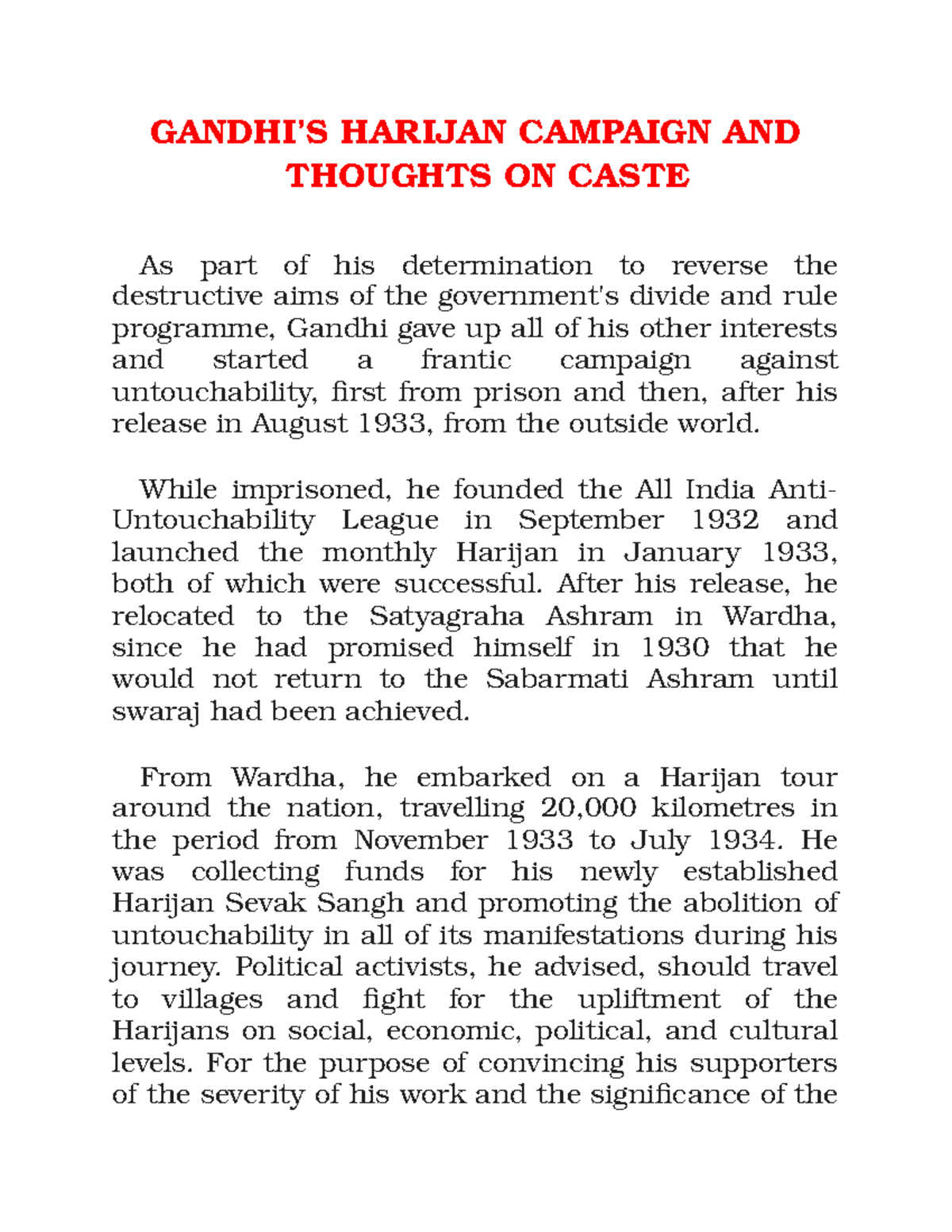 Gandhi’s Harijan Campaign and thoughts on Caste - History of Modern ...