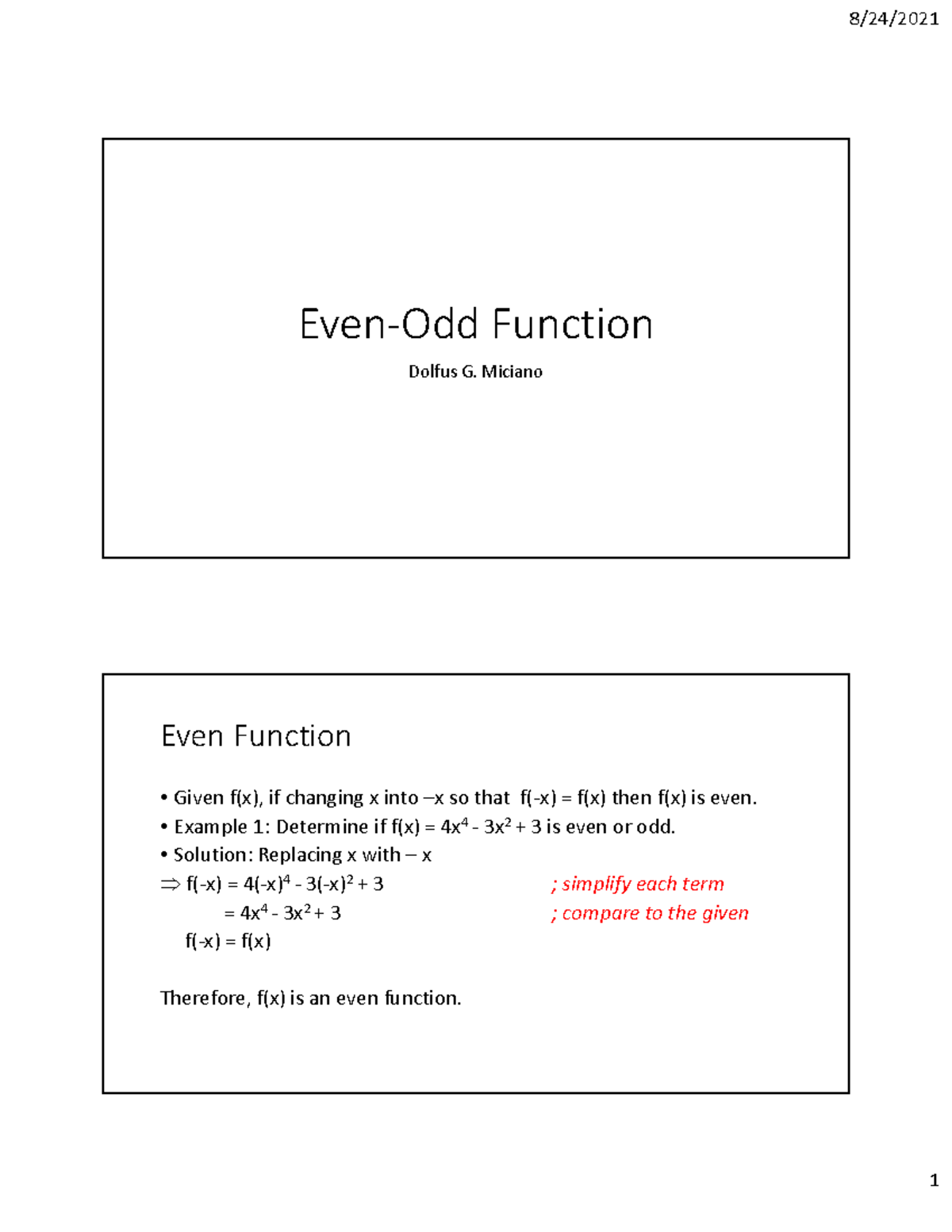3-4 Even-Odd-Piecewise function-B - Even-Odd Function Dolfus G. Miciano ...