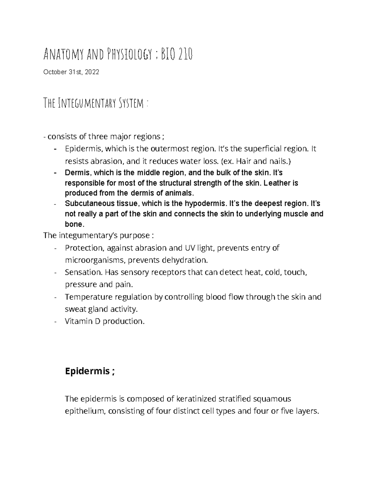 Integumentary system - Skin and hair - Anatomy and Physiology ; BIO 210 ...