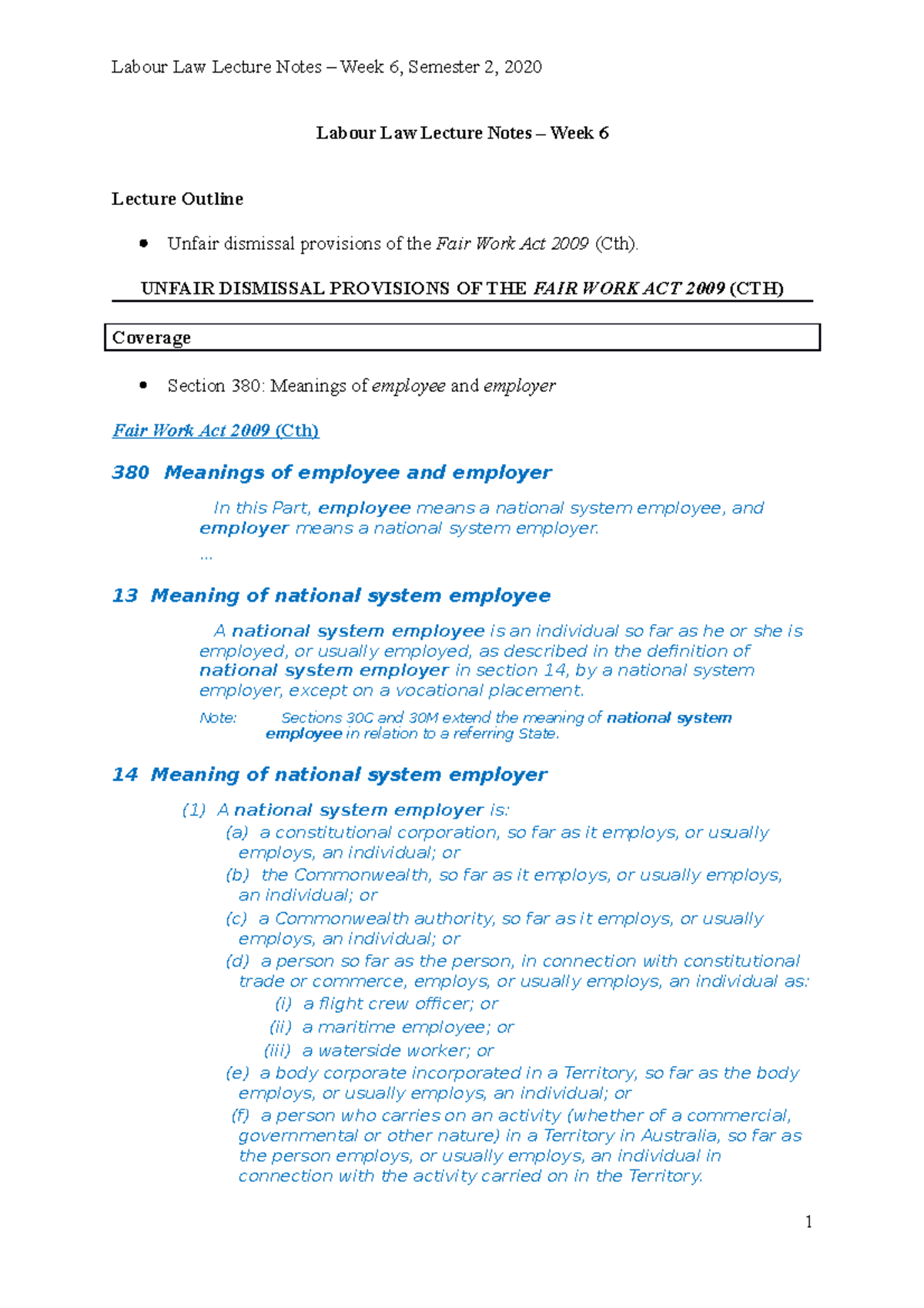 Week 6 Labour Law Notes - Labour Law Lecture Notes – Week 6 Lecture ...