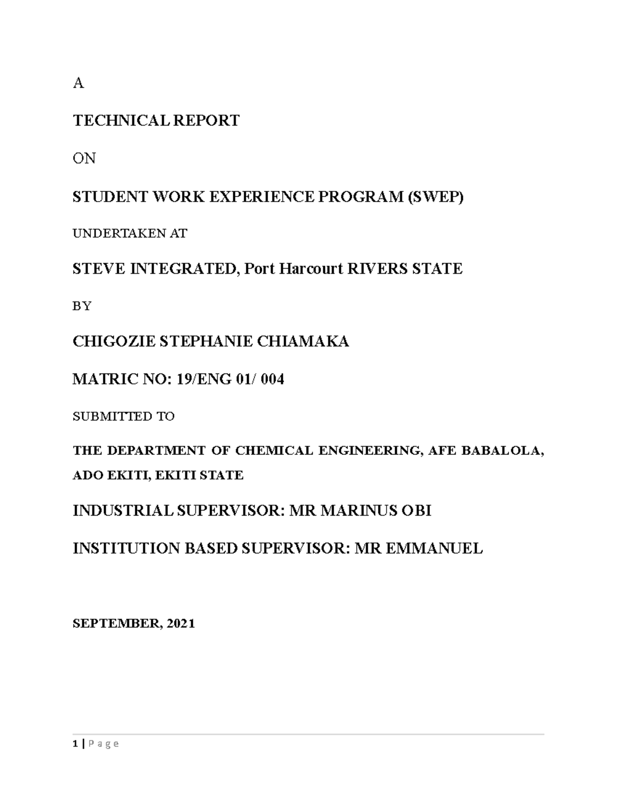 SWEP Document - this is an internship report - A TECHNICAL REPORT ON ...