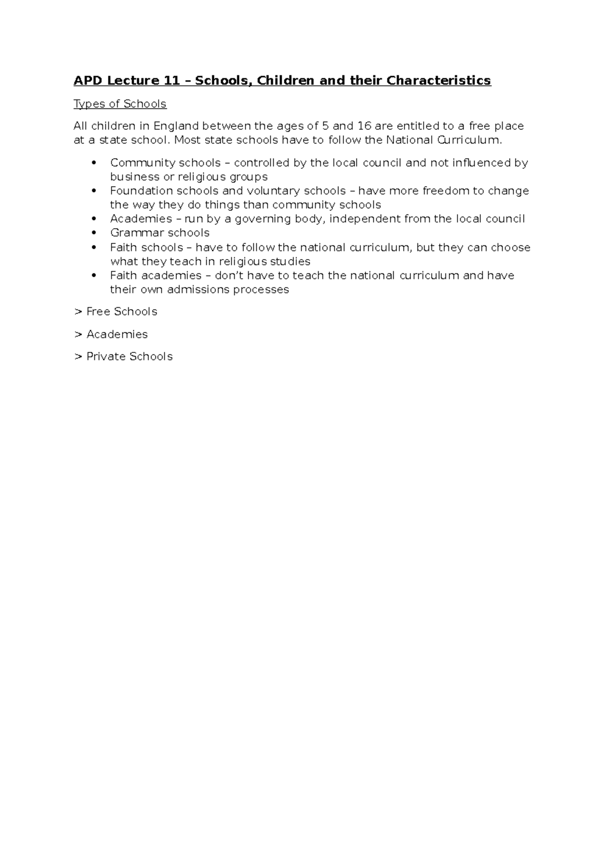 Types of Schools - APD Lecture 11 – Schools, Children and their ...