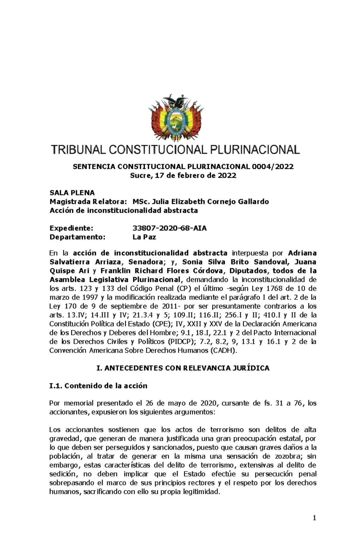 Sentencia 0004 2022 - sentecia consticuinal - SENTENCIA CONSTITUCIONAL ...