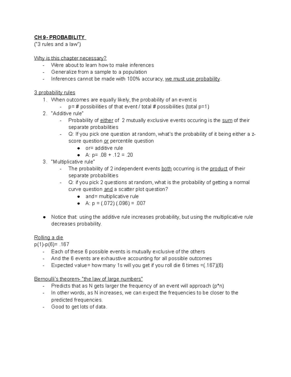 Psych 3090 ch 9 - CH 9 notes Fred Switzer - CH 9- PROBABILITY (“3 rules ...