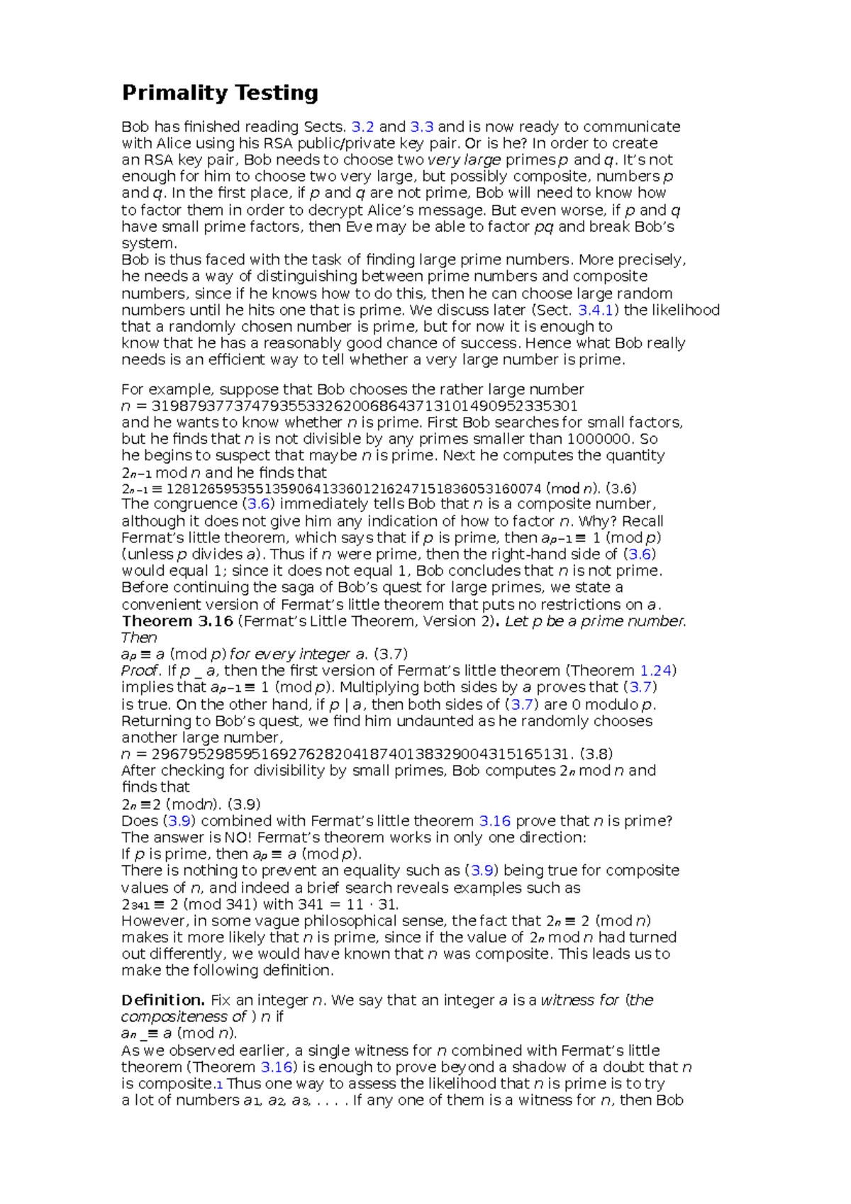 Primality Testing - Primality Testing Bob has finished reading Sects. 3 ...