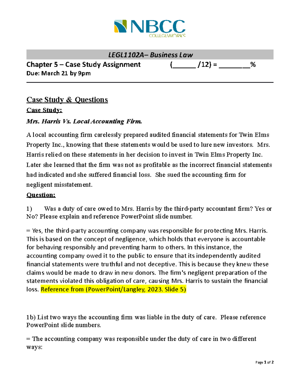 Chapter 5 Case Study Assignment - LEGL1102A– Business Law Chapter 5 ...