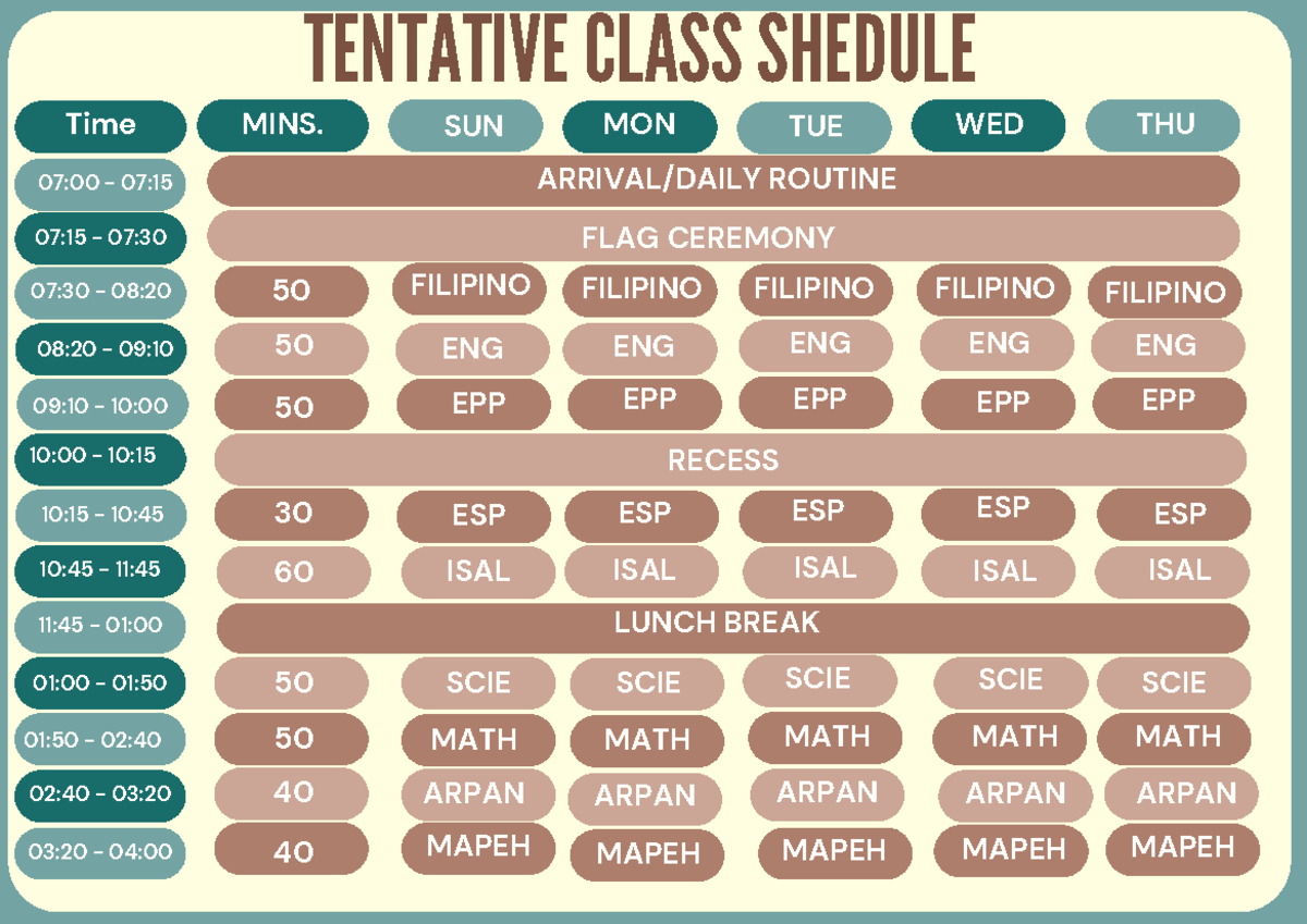 Blue and Brown Simple School Schedule - TENTATIVE CLASS SHEDULE Time ...