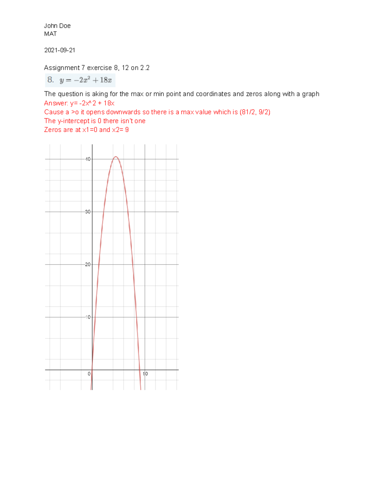 John doe intro math 1 - lec - MAT 2021-09- Assignment 7 exercise 8, 12 ...