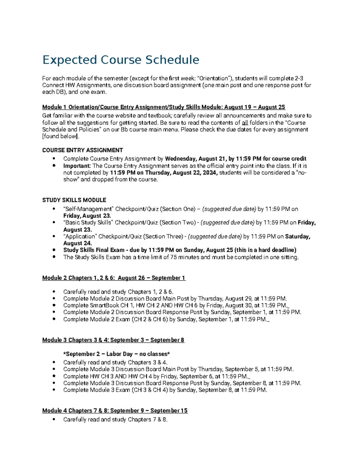 PSY 150 A Session Schedule - Expected Course Schedule For each module ...