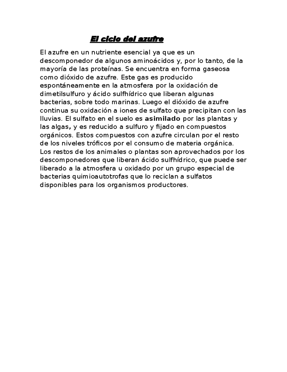 El ciclo del azufre - i lo - El ciclo del azufre El azufre en un ...