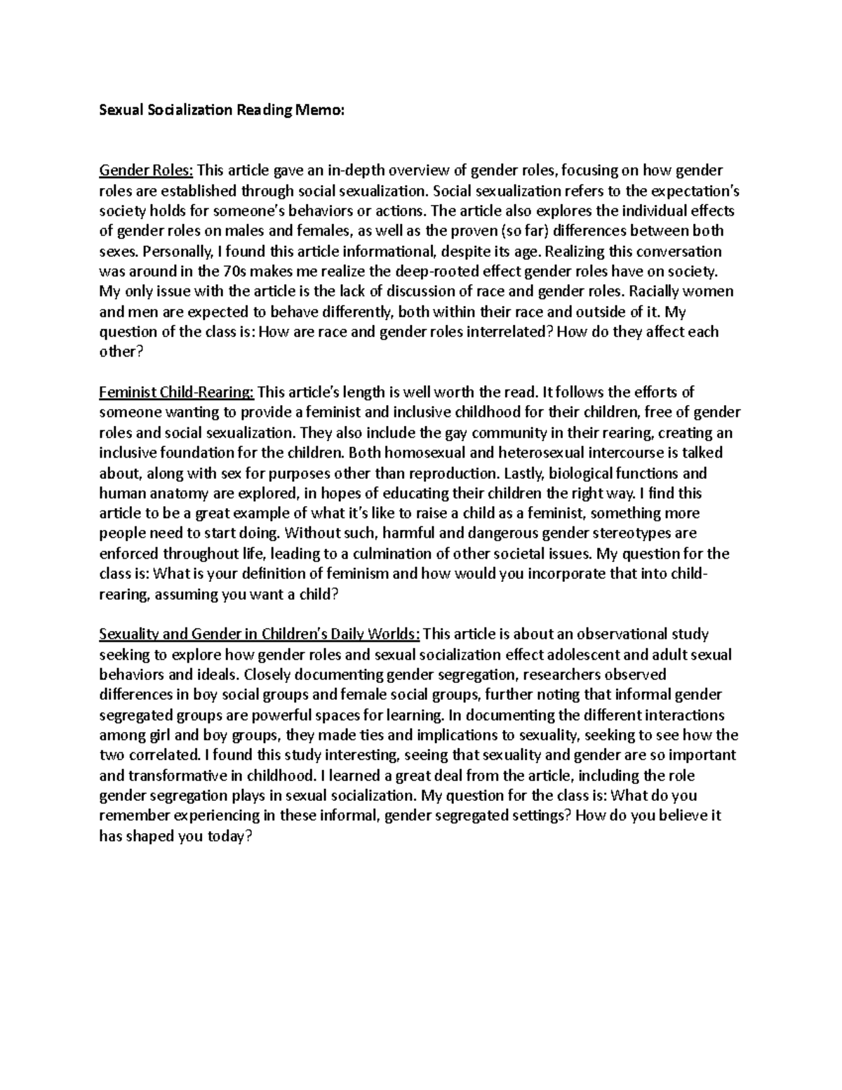 Sexual Socialization Reading Memo - Sexual Socialization Reading Memo ...