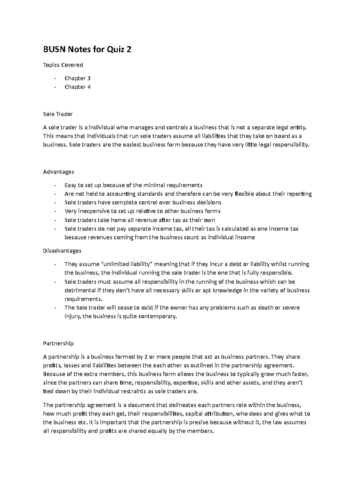 BUSN Notes for Quiz 2 - This means that individuals that run sole ...