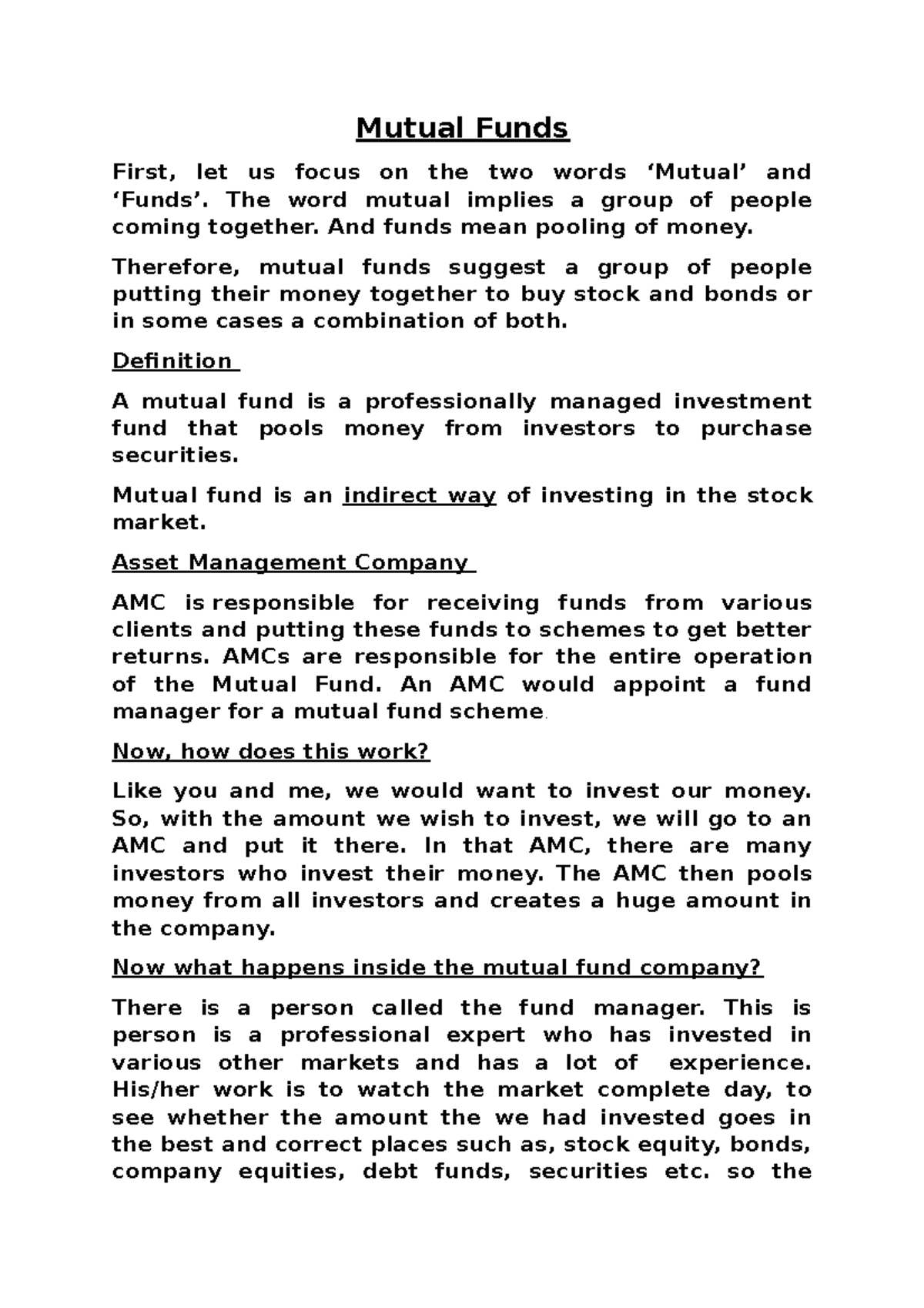 Mutual Funds - Mutual Funds First, let us focus on the two words ...