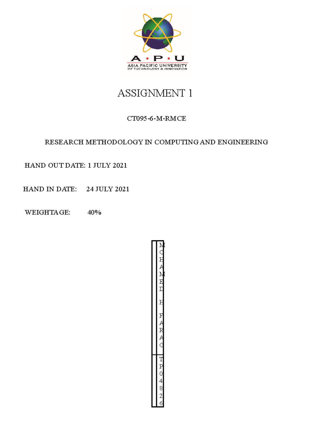 Research Methodology in Computing and Engineering- Assignment 1 ...