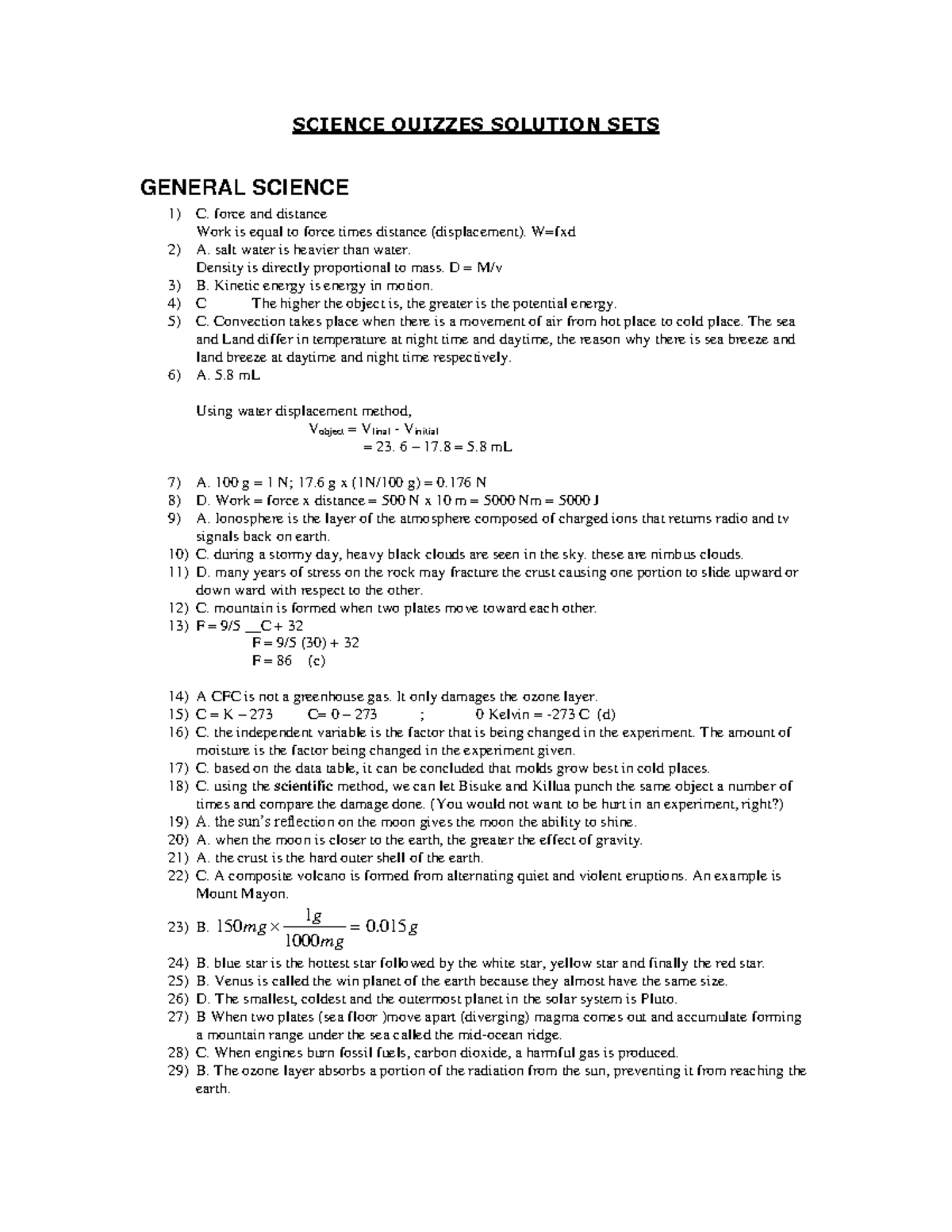 Solution Set for Science Quizzes-1 - SCIENCE QUIZZES SOLUTION SETS ...