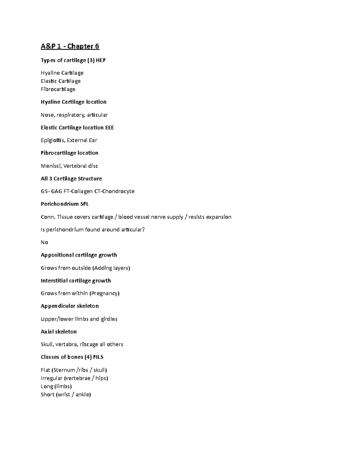 A and P chapter 6 - NOTES/REVIEW - A&P 1 - Chapter 6 Types of cartilage ...