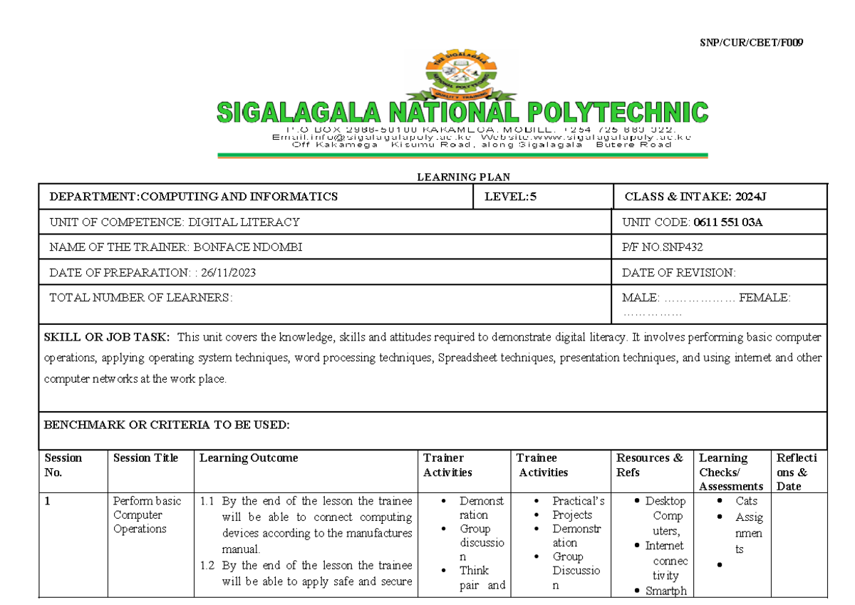SNP Learning PLAN digital literacy level 5 - LEARNING PLAN DEPARTMENT ...