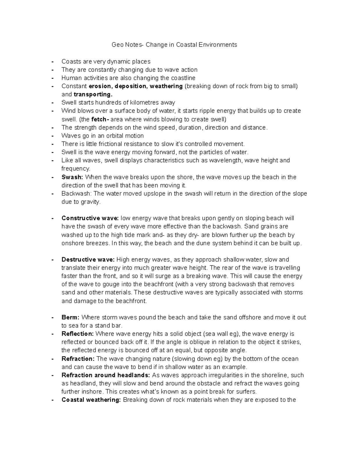 Geo Notes- Change in Coastal Environments - Swell starts hundreds of ...