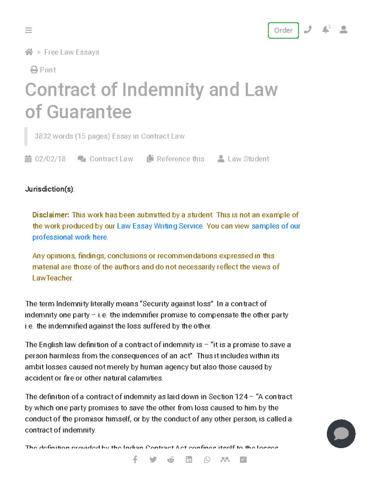 Contract of Indemnity and Law of Guarantee - > Free Law Essays Print ...