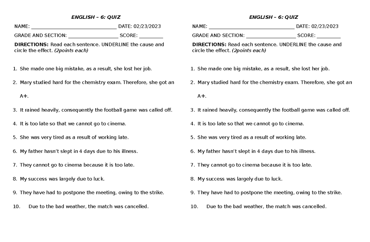 Cause AND Effect - ENGLISH – 6: QUIZ NAME ...