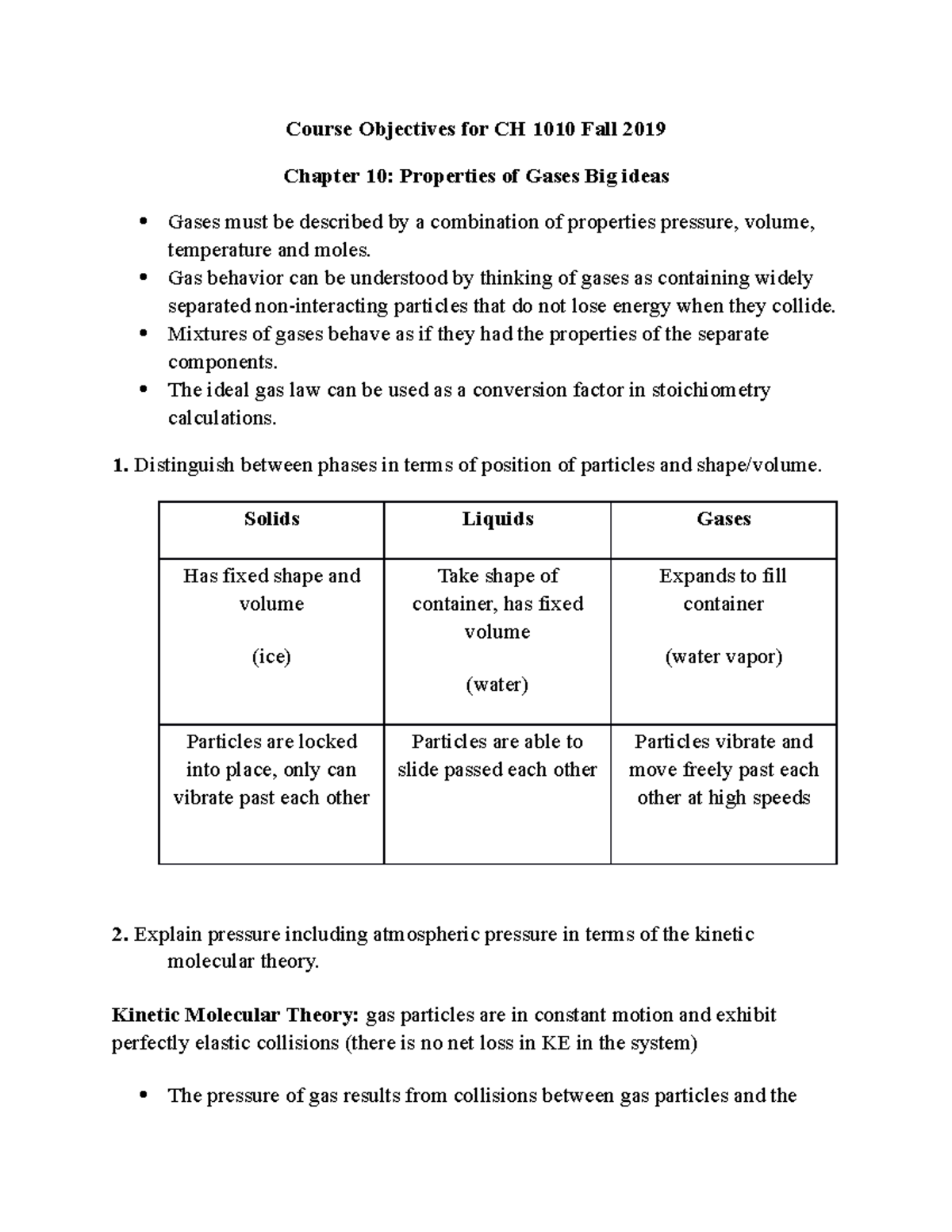 Chapter 10 Chemistry Review - Course Objectives for CH 1010 Fall 2019 ...
