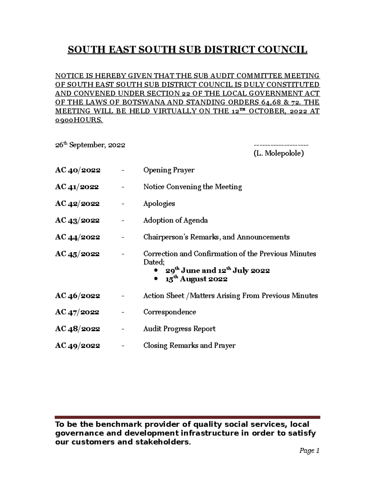 SUB Audit Agenda 12th October 2022 - SOUTH EAST SOUTH SUB DISTRICT ...
