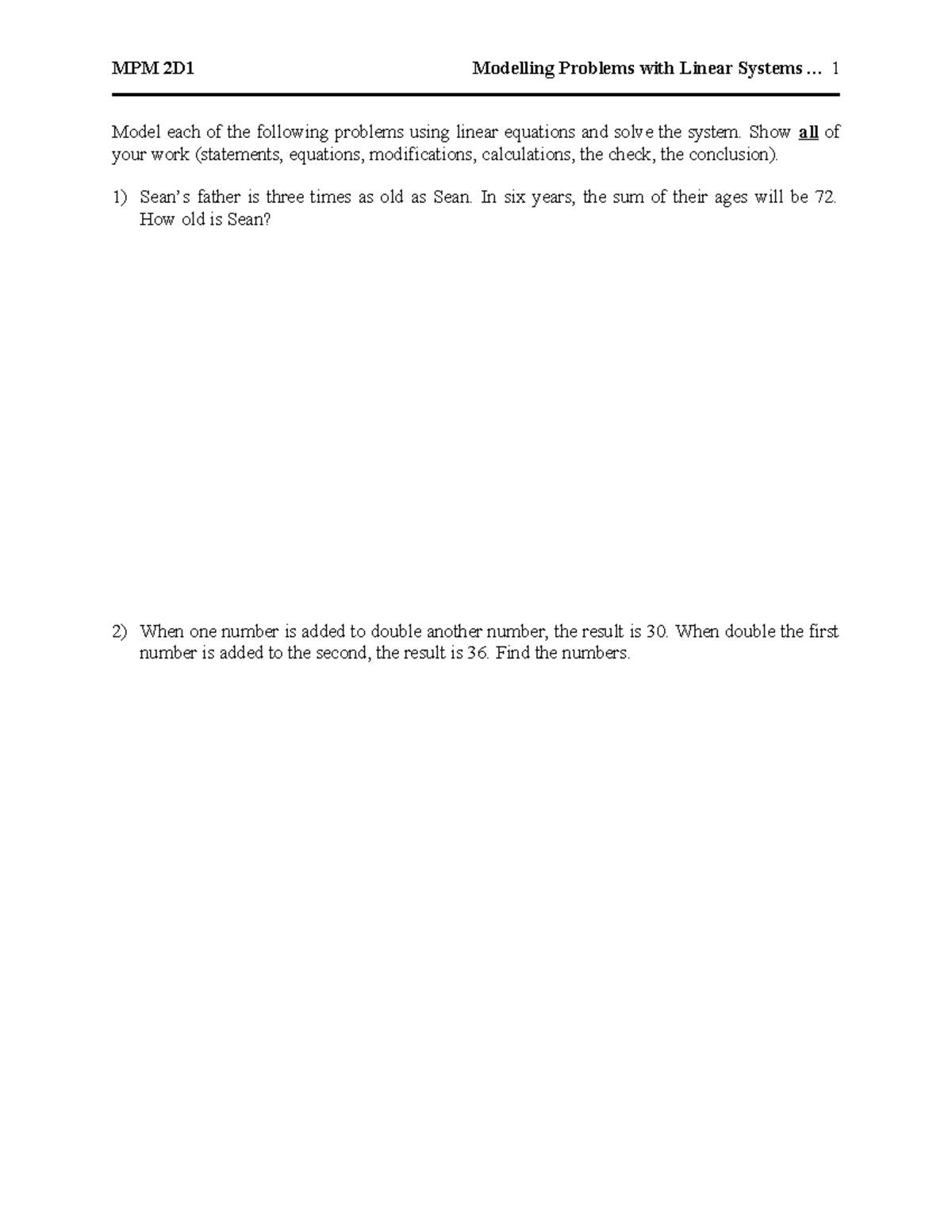 More Word Problems - Model each of the following problems using linear ...