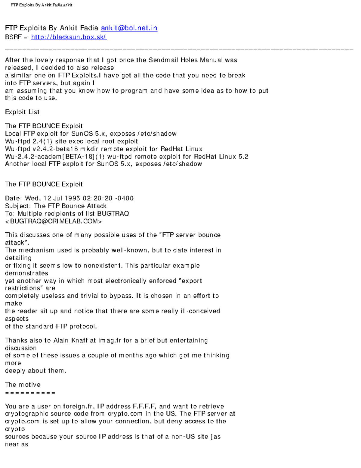 FTP Exploits By Ankit Fadia - net BSRF = blacksun.box/ - Studocu