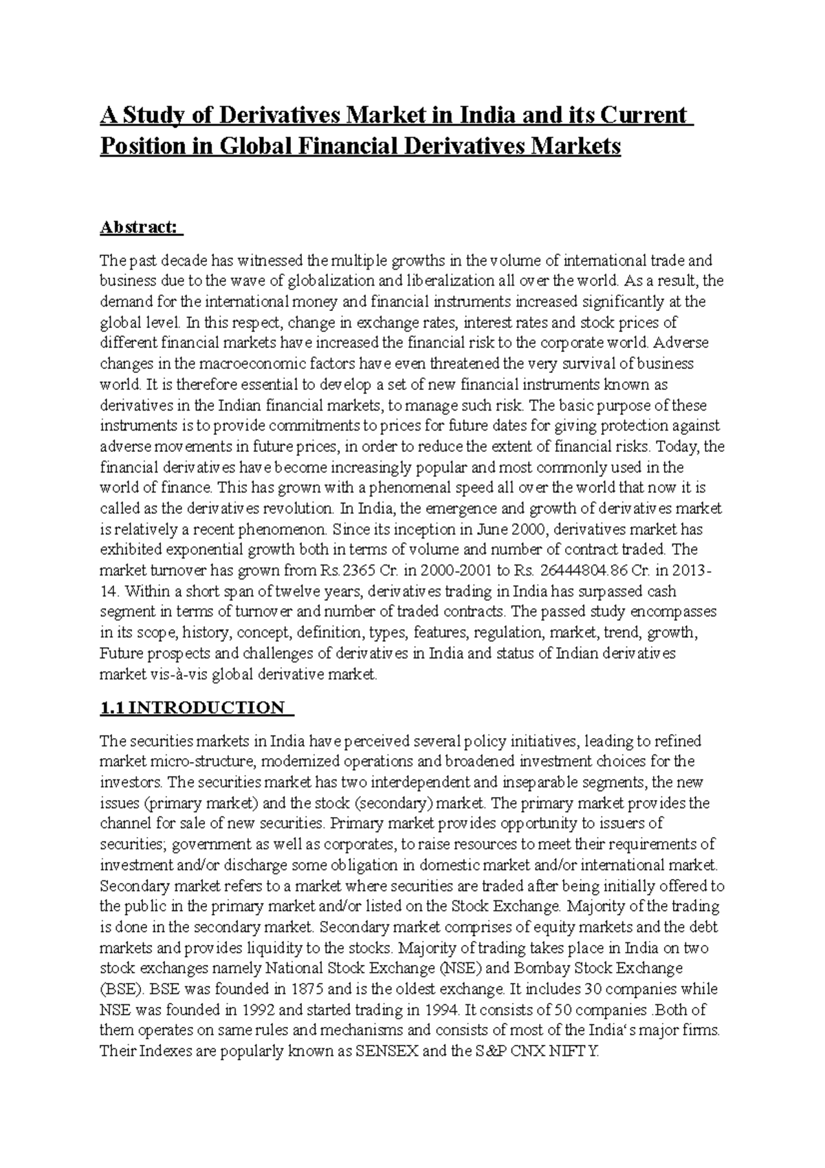 stock market project document - A Study of Derivatives Market in India ...
