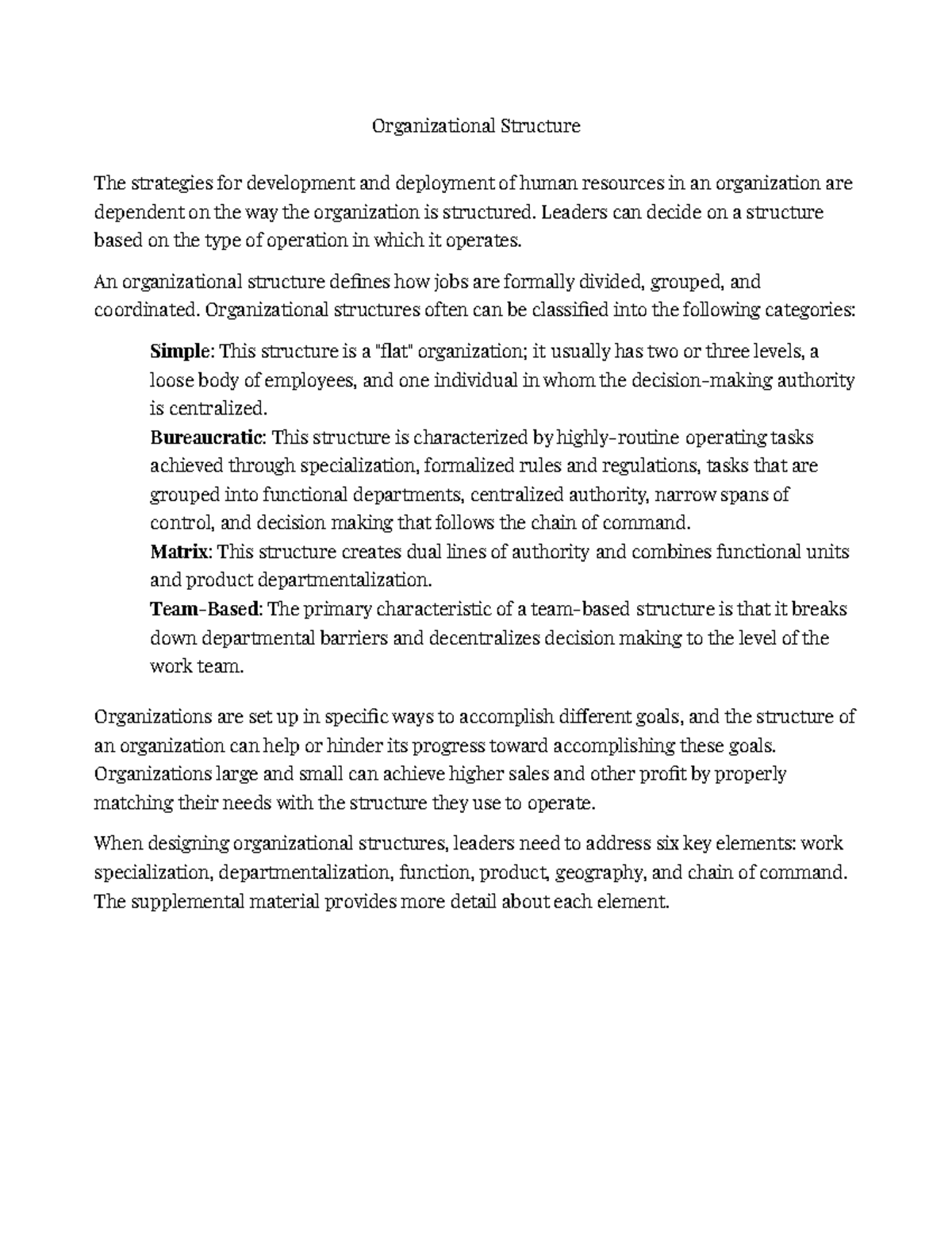 Organizational Structure - Leaders can decide on a structure based on ...