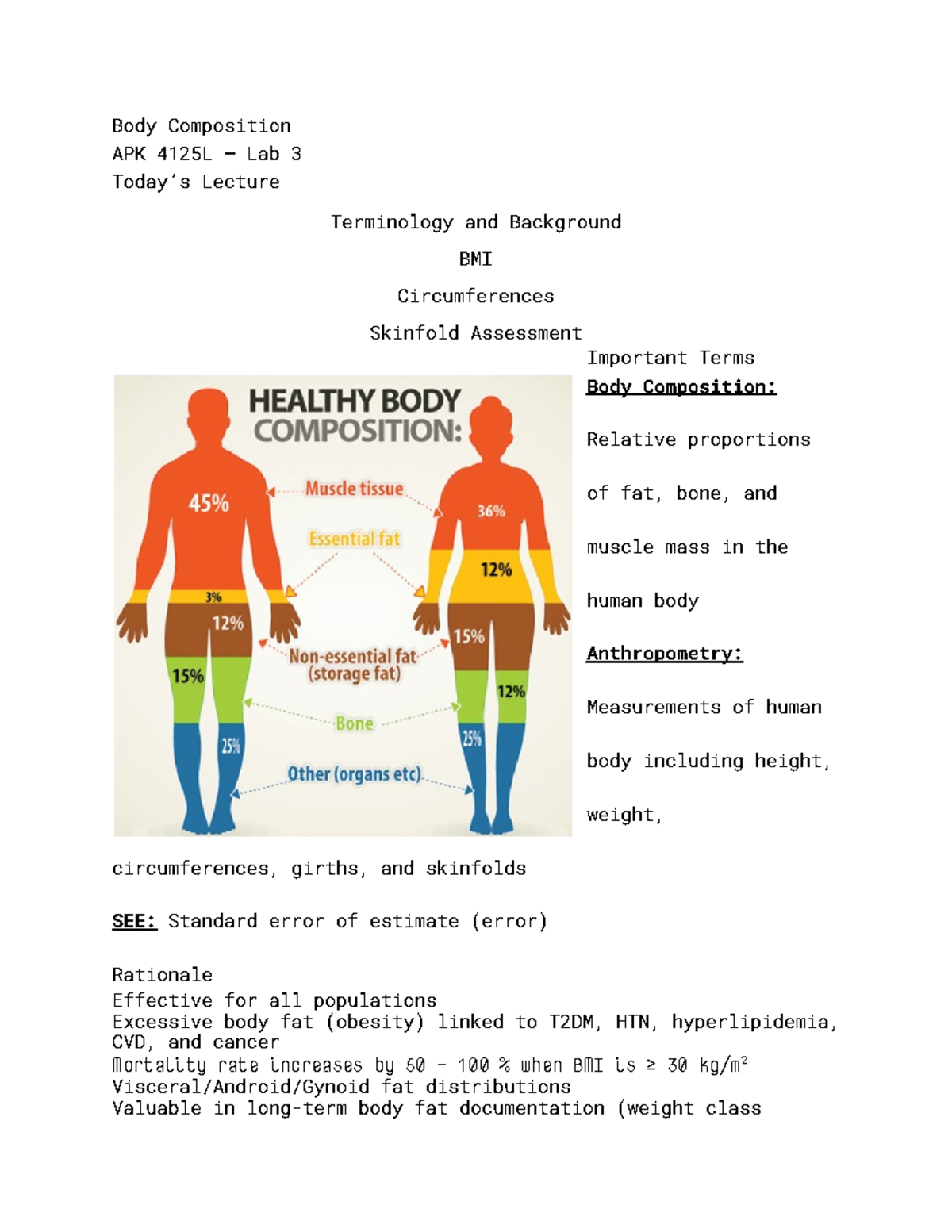 Body Composition - Lecture Notes - Body Composition APK 4125L – Lab 3 ...