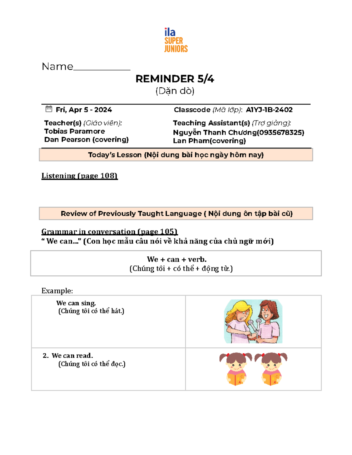 A1YJ-1B-2402-reminder - 5-4 - Name___________ REMINDER 5/ (Dặn dò) Fri ...