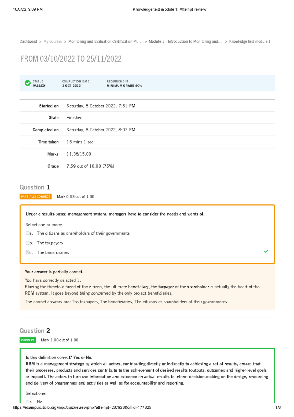 1st exam - Dashboard > My courses > Monitoring and Evaluation ...