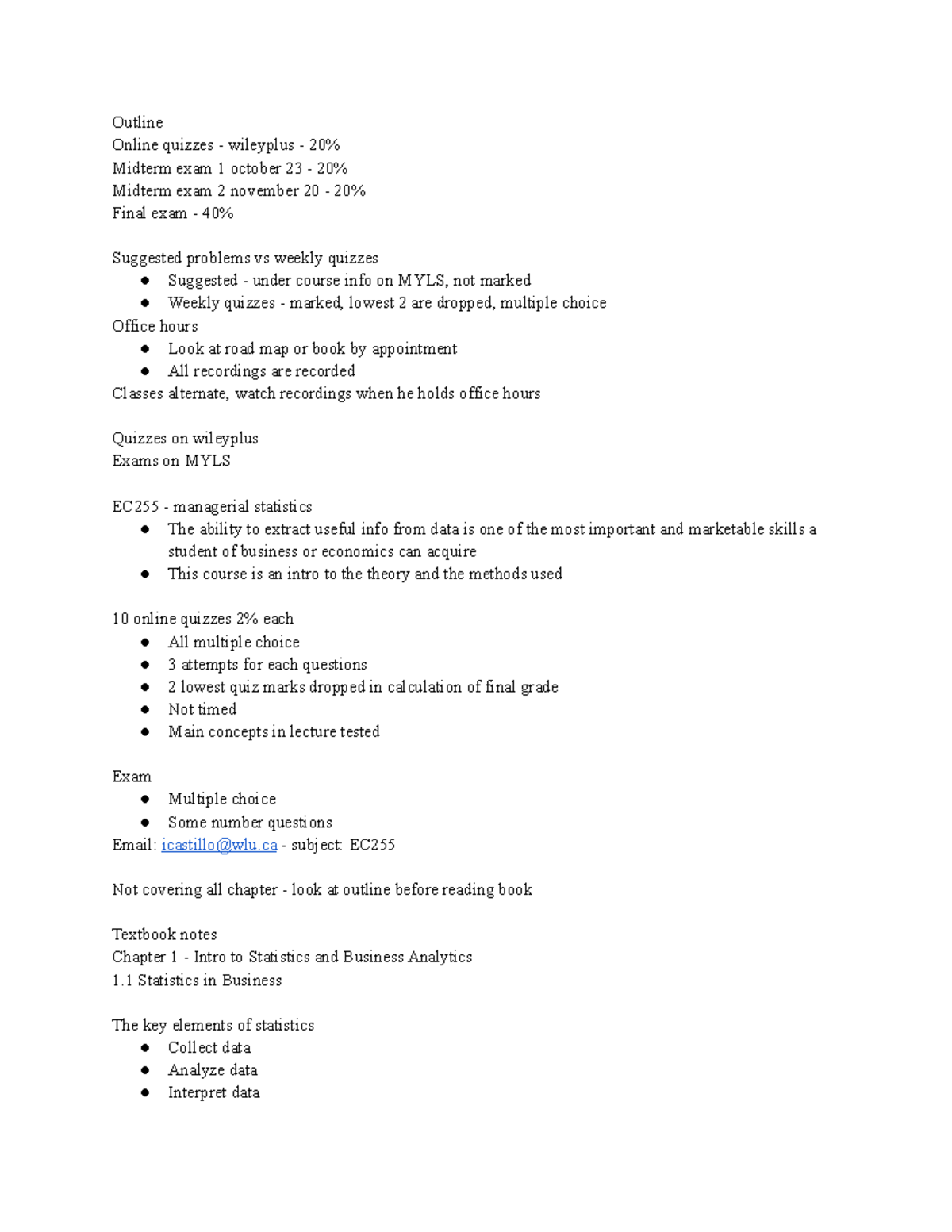 EC255 - Textbook Notes - Outline Online quizzes - wileyplus - 20% ...