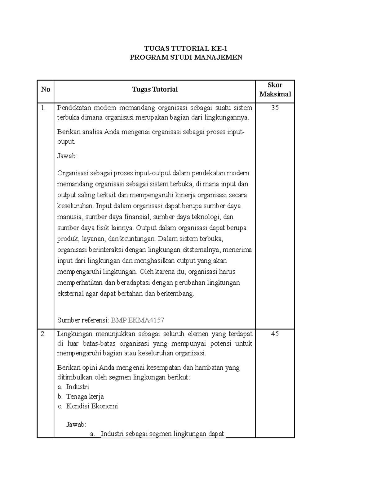 Tugas 1 orgnisasi - TUGAS TUTORIAL KE- PROGRAM STUDI MANAJEMEN No Tugas Tutorial Skor Maksimal ...