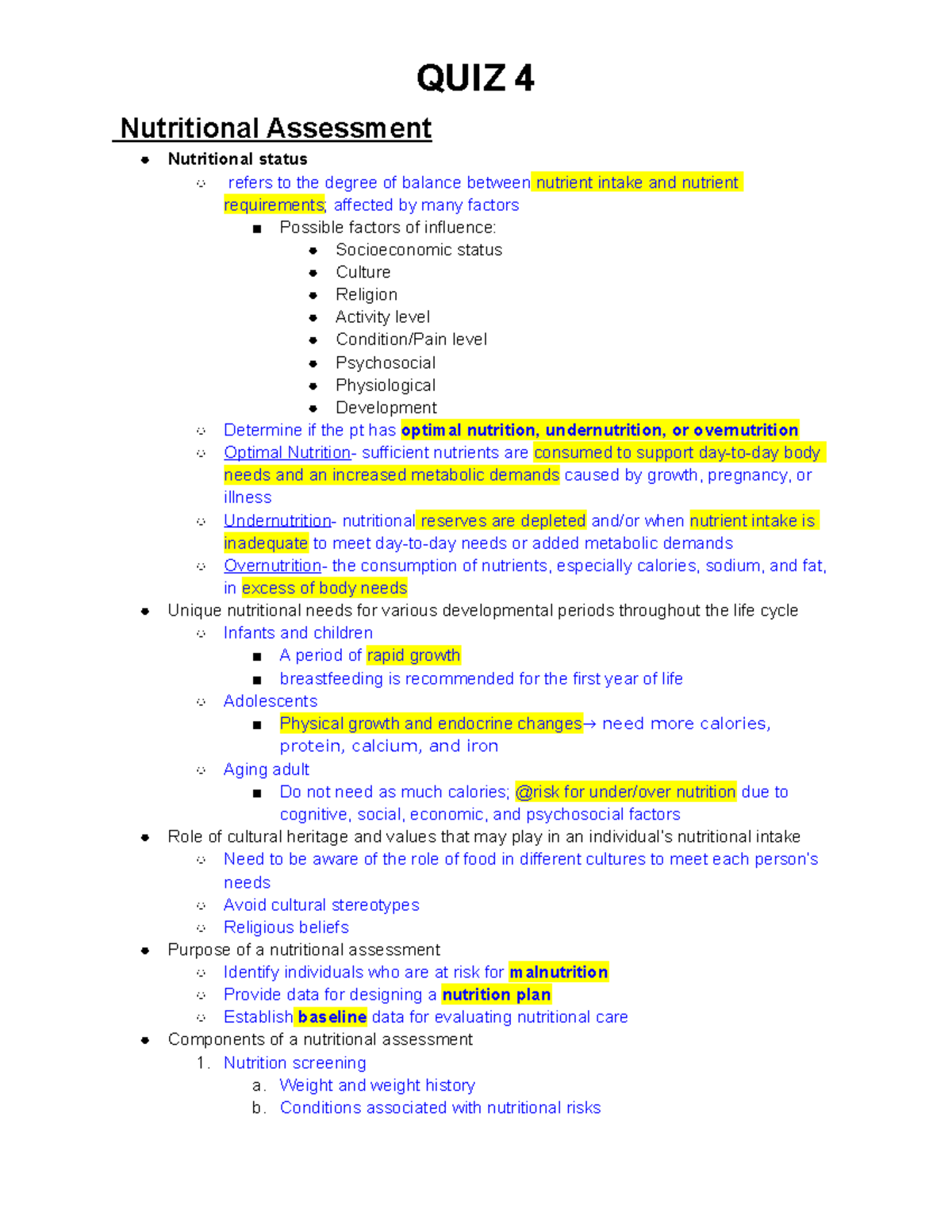 Health assessment quiz 4 study guide - QUIZ 4 Nutritional Assessment ...