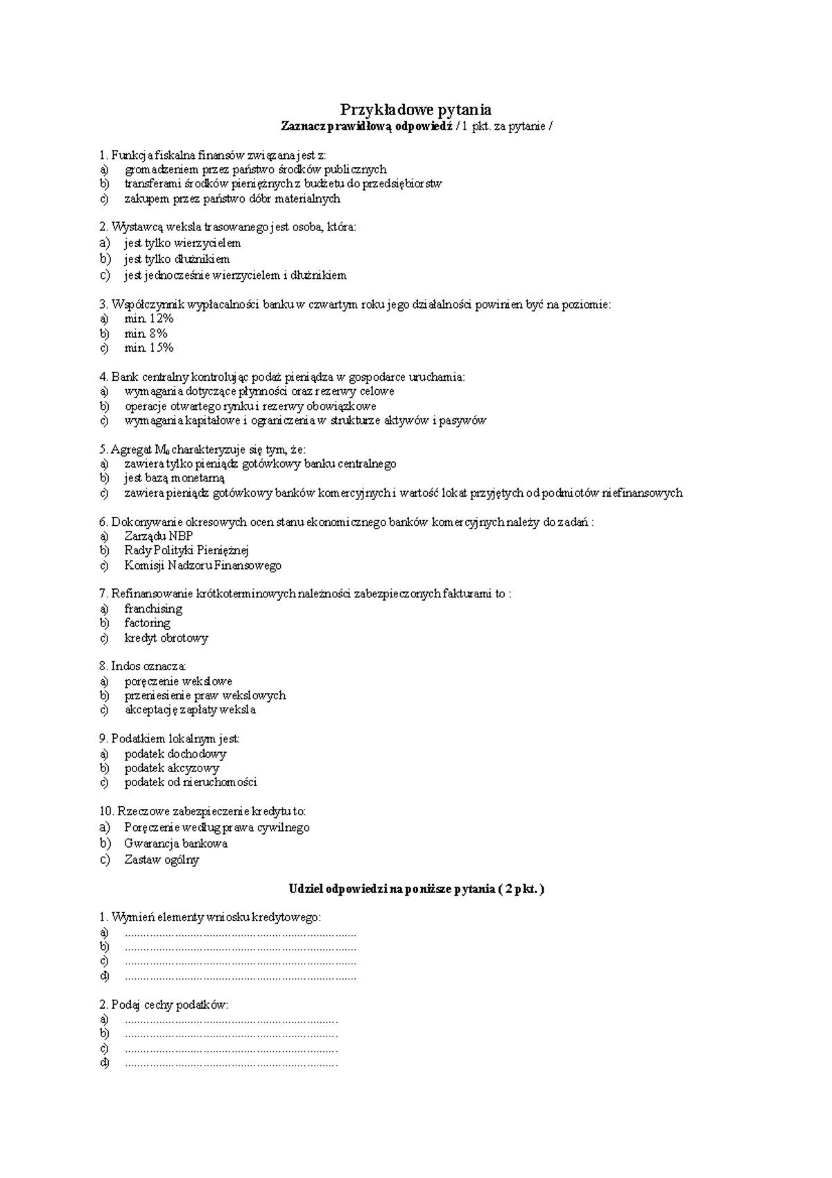 Przykładowe pytania do testu kolokwium z polityki - Przykładowe pytania ...