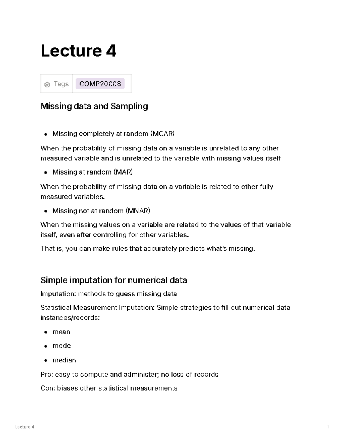 Lecture 4 Notes Lecture 4 Tags Comp Missing Data And Sampling Missing Completely At Random