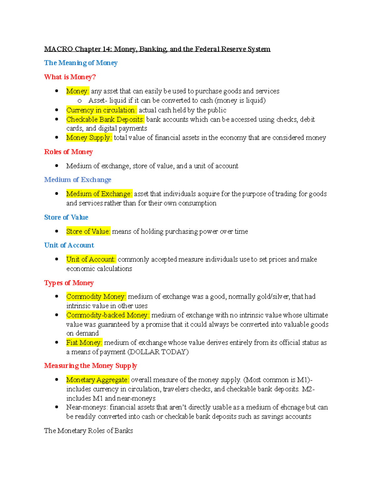 Macro Chapter 14 - MACRO Chapter 14: Money, Banking, and the Federal ...